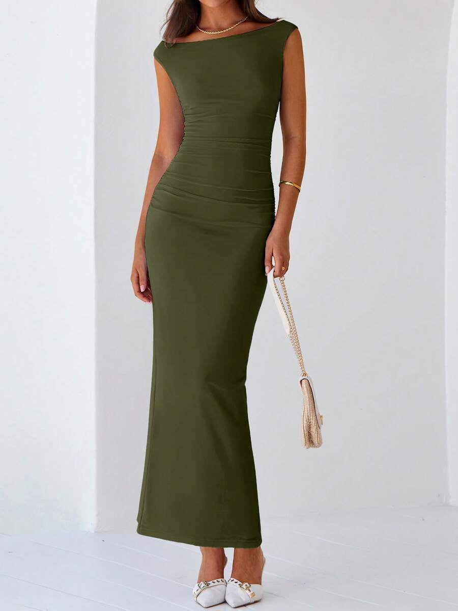 Army Green One Shoulder Ruched Bodycon Maxi Dress For Evening Formal ...
