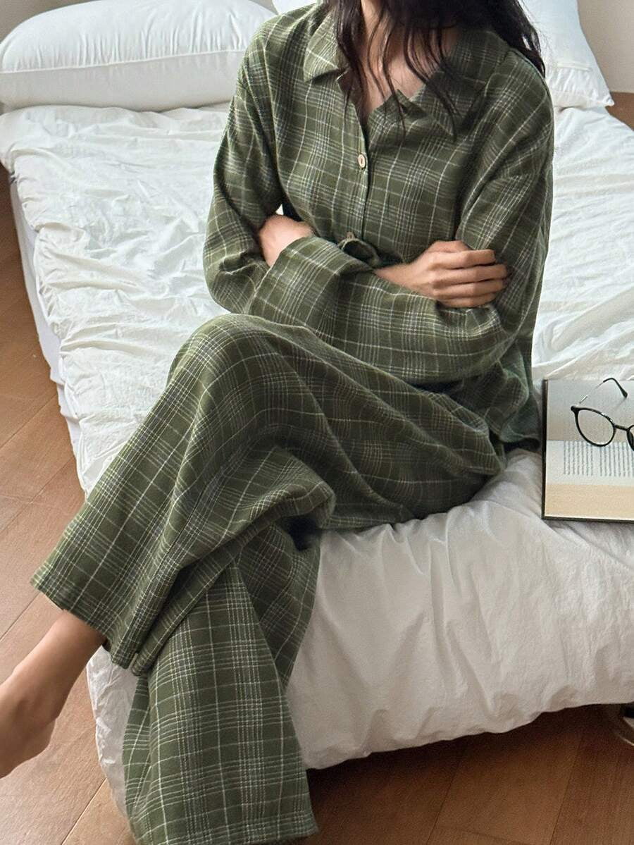 Army Green Plaid Loose Fit Shirt And Pants 2-Piece Pajama Set For Women ...