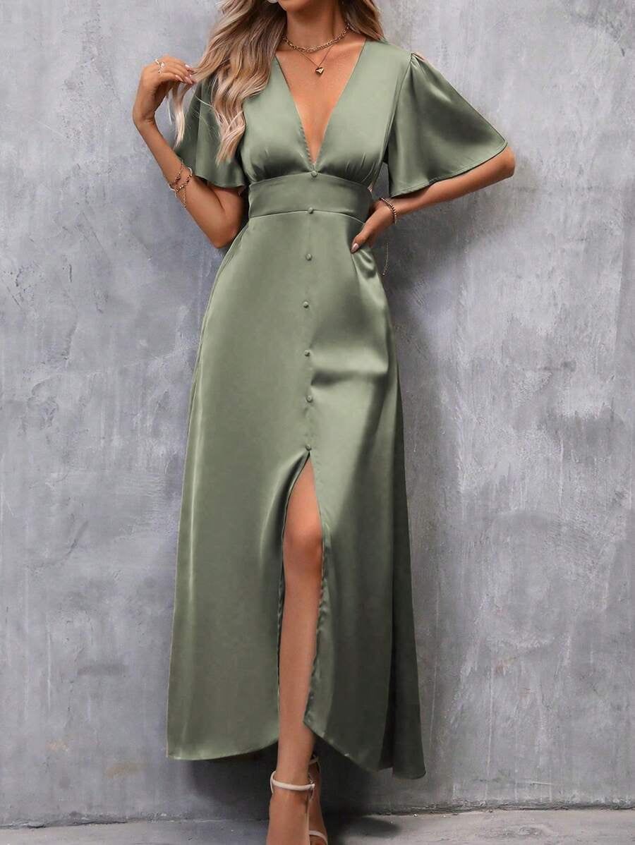 Army Green Plunging Neck Butterfly Sleeve Split Thigh Satin Maxi Dress ...