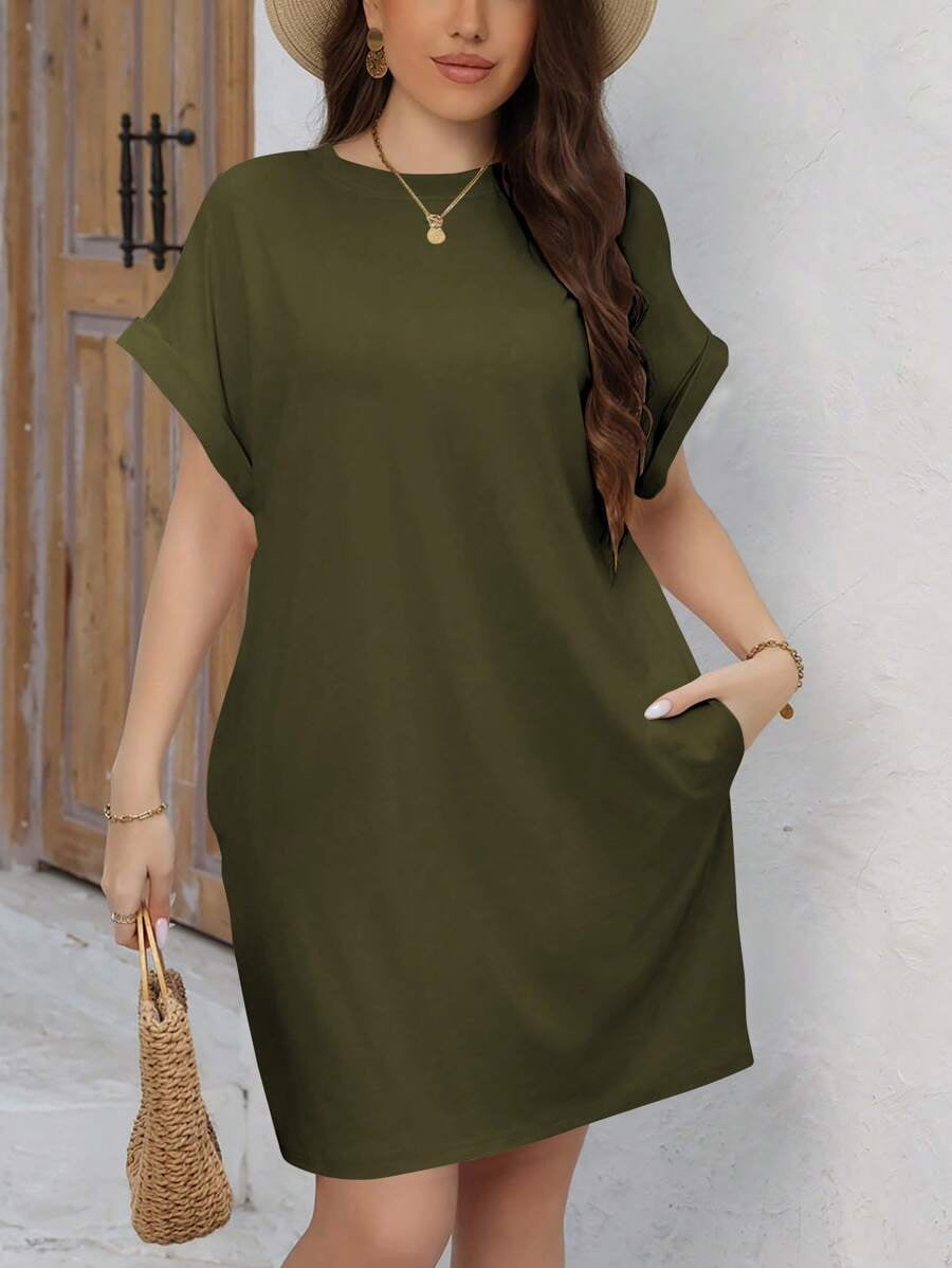 Army Green Plus Size Solid Batwing Sleeve Dress With Slanted Pockets ...