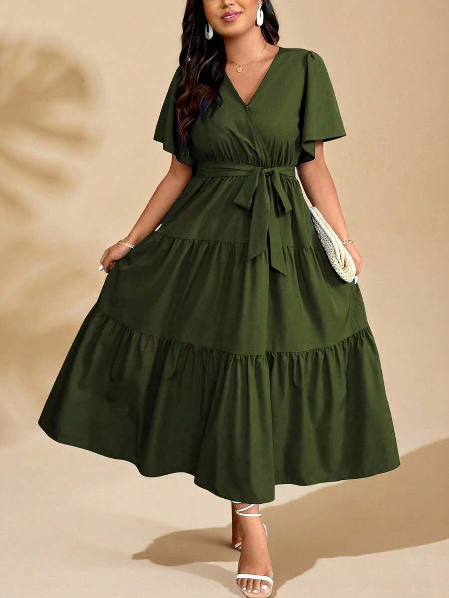 Army Green Plus Size Solid V-Neck Wrap Dress With Ruffle Hem And Waist ...