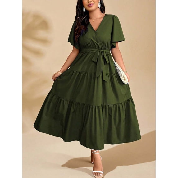 Army Green Plus Size Solid V-Neck Wrap Dress With Ruffle Hem And Waist ...