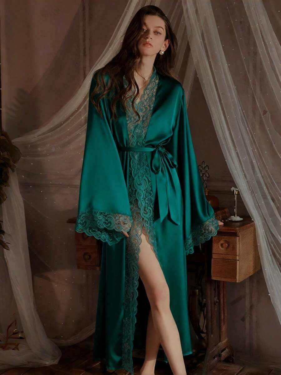 Army Green Satin Lace-Trimmed Belted Robe With Bell Sleeves, Elegant ...