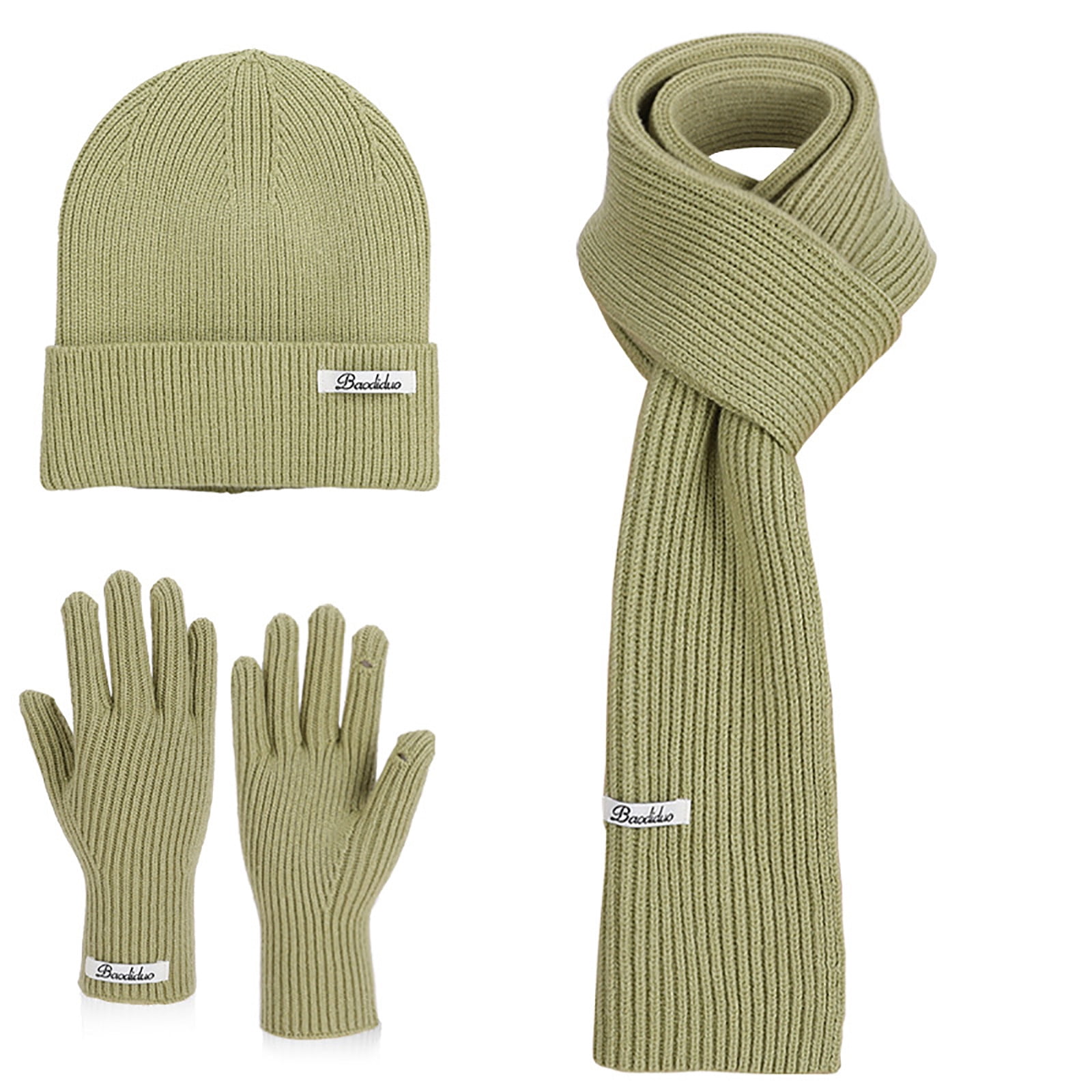 Army Green Set Hat Gloves Scarf Winter Outdoor Warmth Knitted Woolen ...