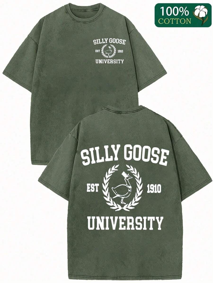 Army Green Silly Goose University 1910 Washed Cotton Oversized Graphic ...