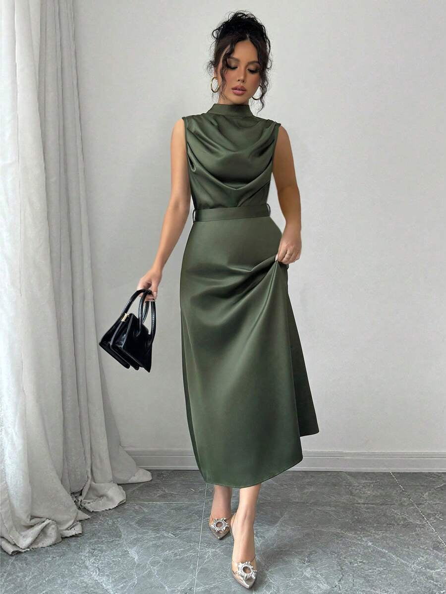 Army Green Sleeveless High Neck Satin Midi Dress With Cowl Front And ...