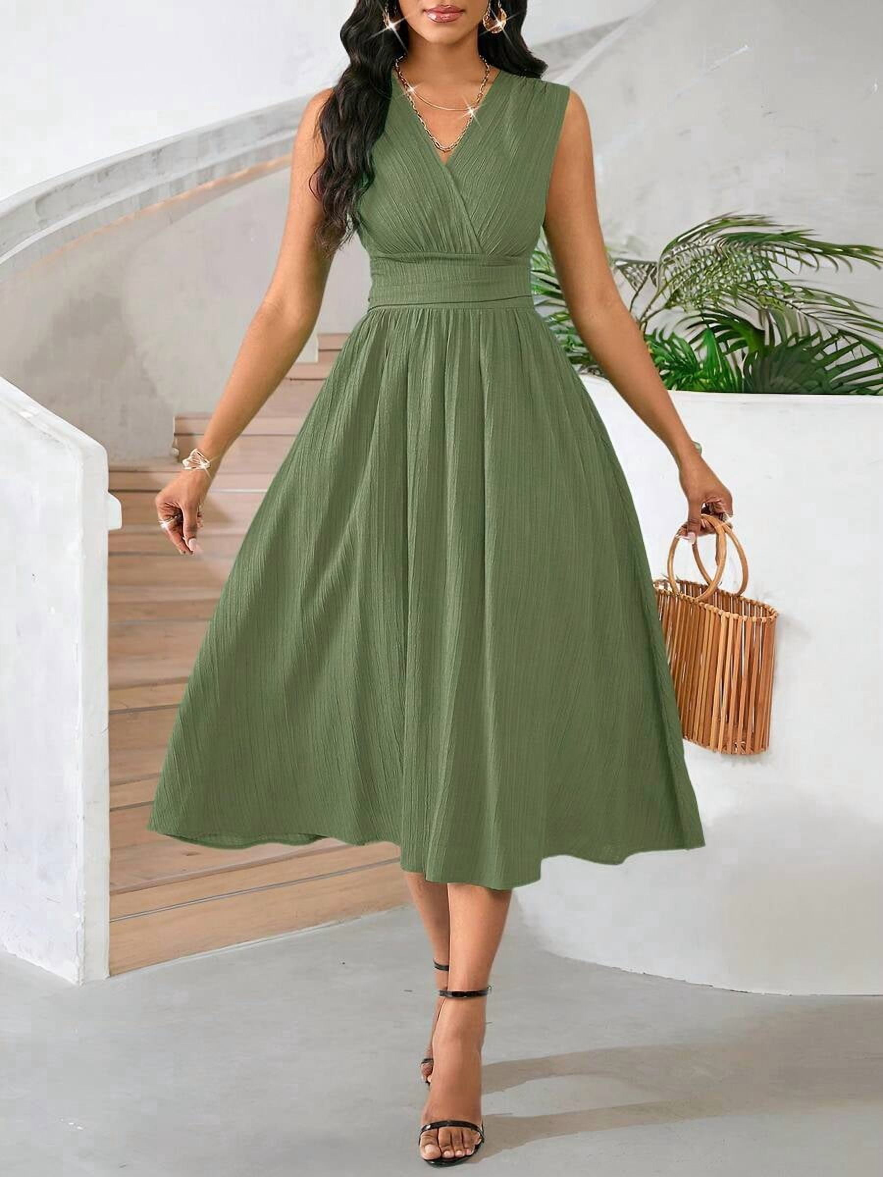 Army Green Sleeveless V-Neck Midi Dress With Pleated Skirt And Woven ...