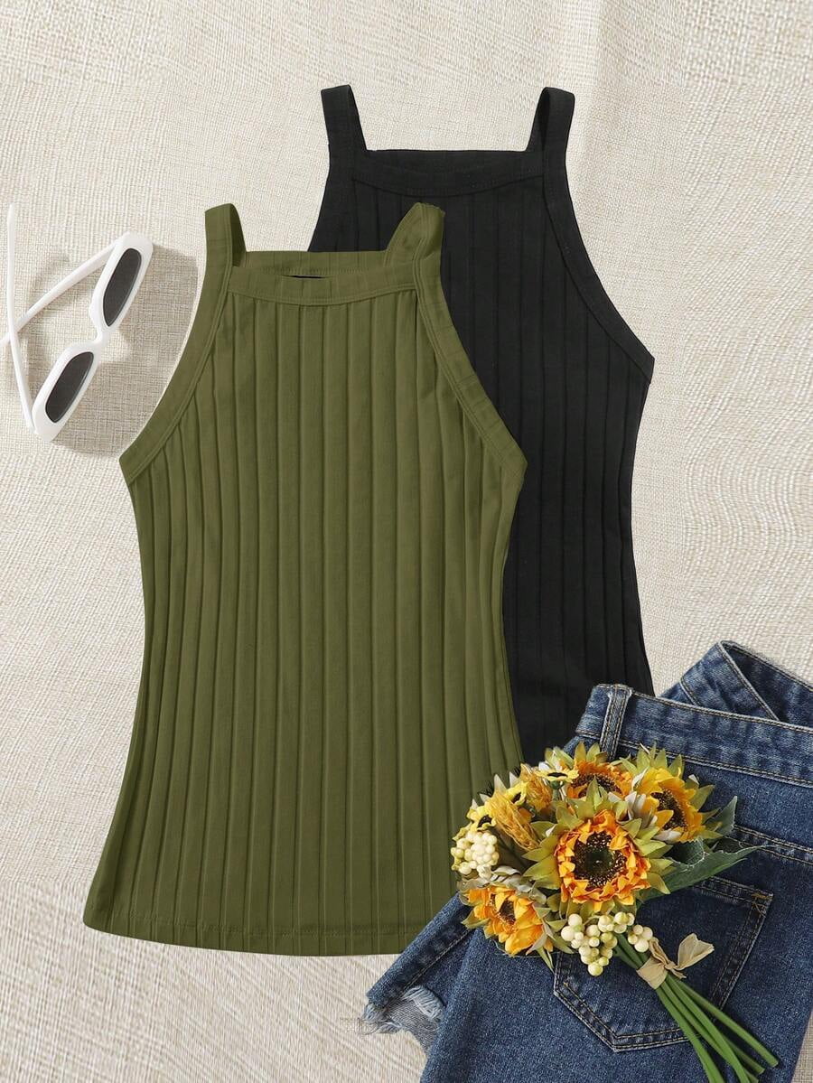 Army Green Solid Ribbed Knit Tank Top For Women - Walmart.com