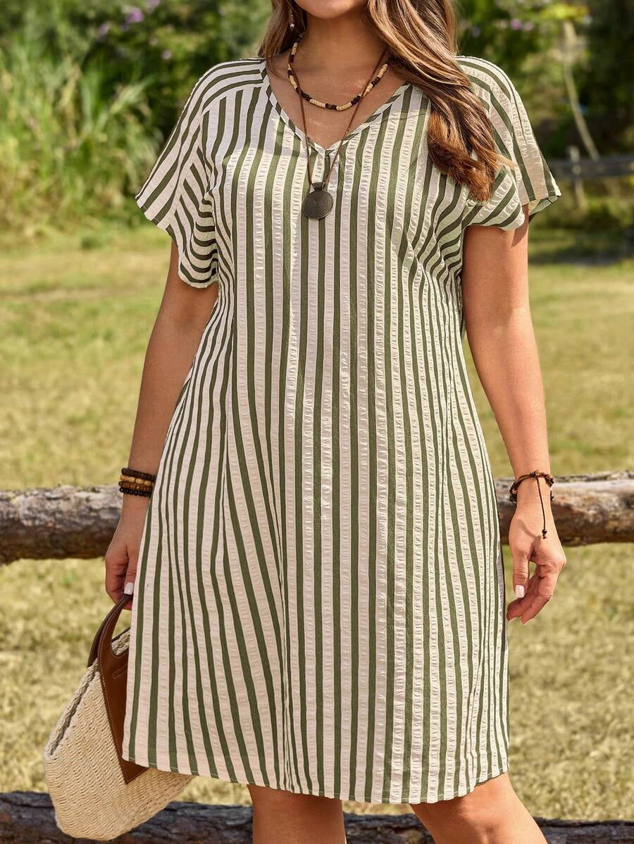 Army Green Striped V-Neck Short Sleeve Textured Loose Casual Dress For ...