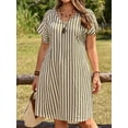 Army Green Striped V-Neck Short Sleeve Textured Loose Casual Dress For ...