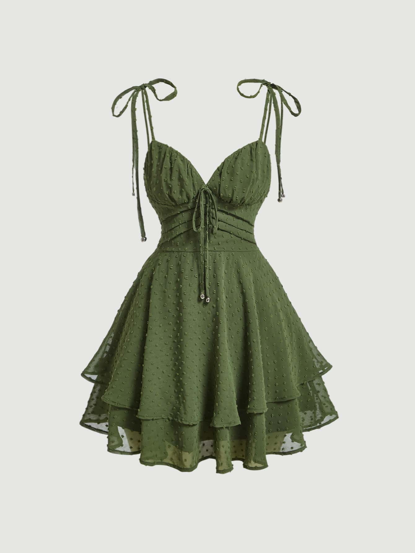Army Green Swiss Dot Tie-Shoulder Cami Dress A-Line Tiered Mini ...