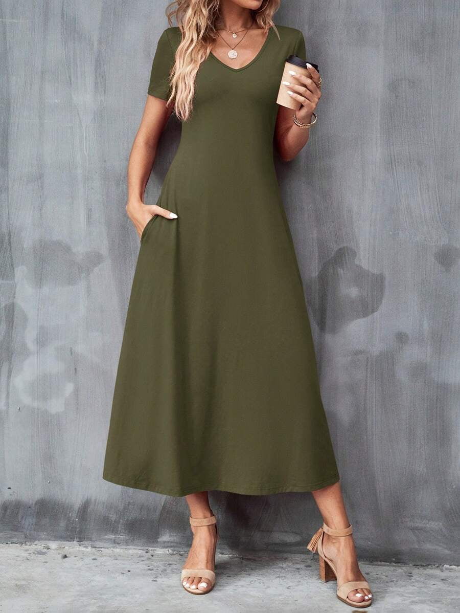 Army Green V-Neck Short Sleeve Maxi Dress With Pocket, Casual A-Line ...