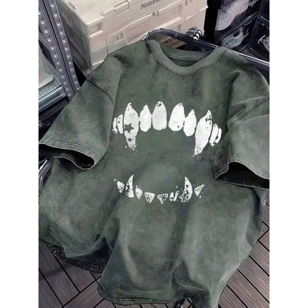 Army Green Vintage Wash Crew Neck Loose Fit Graphic Tee With Distressed ...