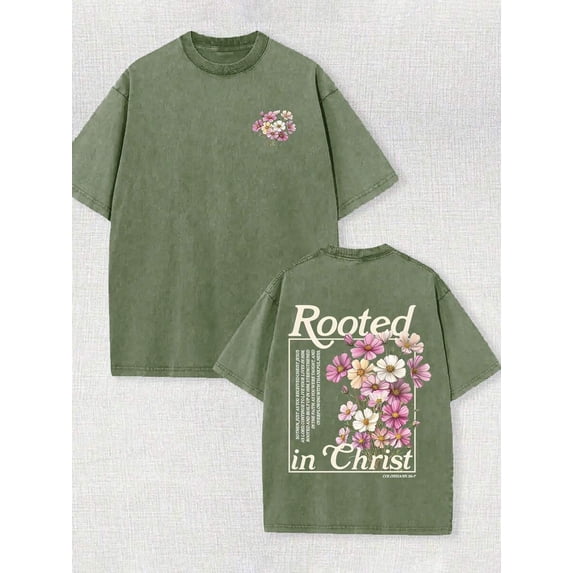 Army Green Washed Cotton Oversized Graphic T-Shirt With Floral Rooted ...
