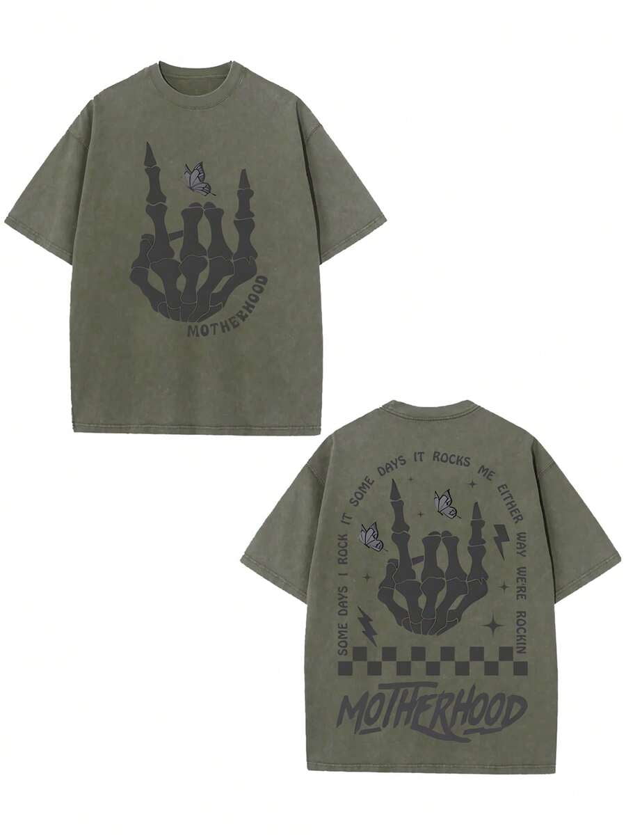 Army Green Washed Cotton Skeleton Hand Butterfly Graphic T-Shirt ...