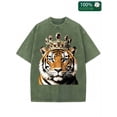 Army Green Washed Oversized Crew Neck T-Shirt With Royal Tiger Crown ...