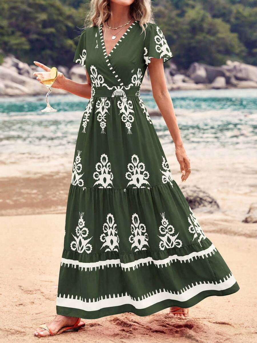 Army Green With White Flowers Womens Summer V-Neck Bohemian Maxi Dress ...