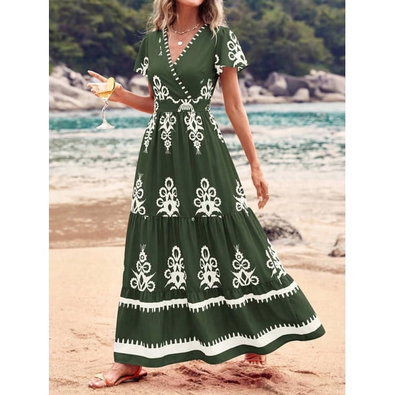 Army Green With White Flowers Womens Summer V-Neck Bohemian Maxi Dress ...