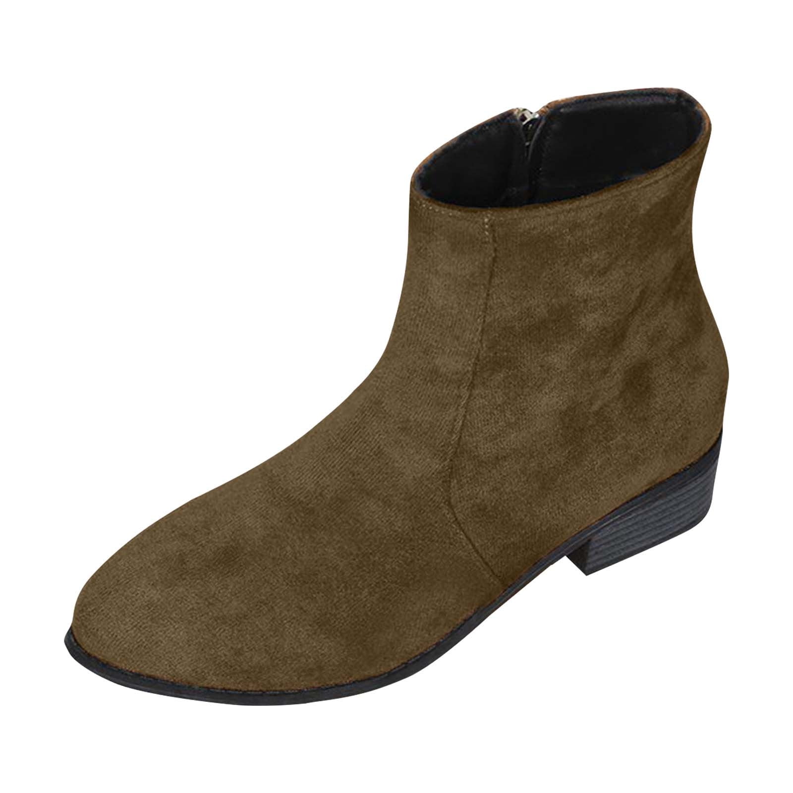 Army Green Women Booties With Suede Chunky Heel Zipper Comfortable Fit ...