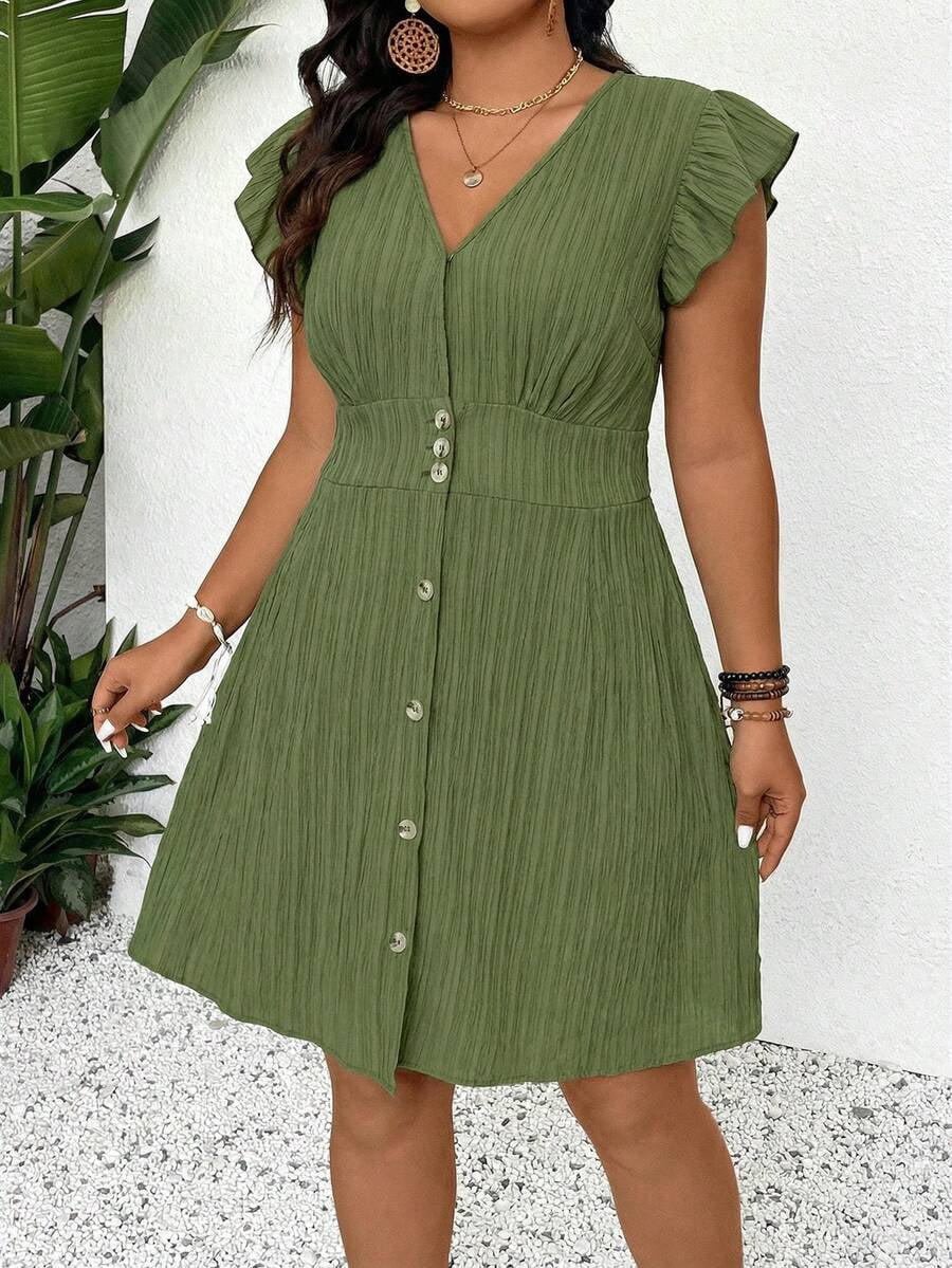 Army Green Women Casual V-Neck Cap Sleeve Button Up A-Line Dress Summer ...