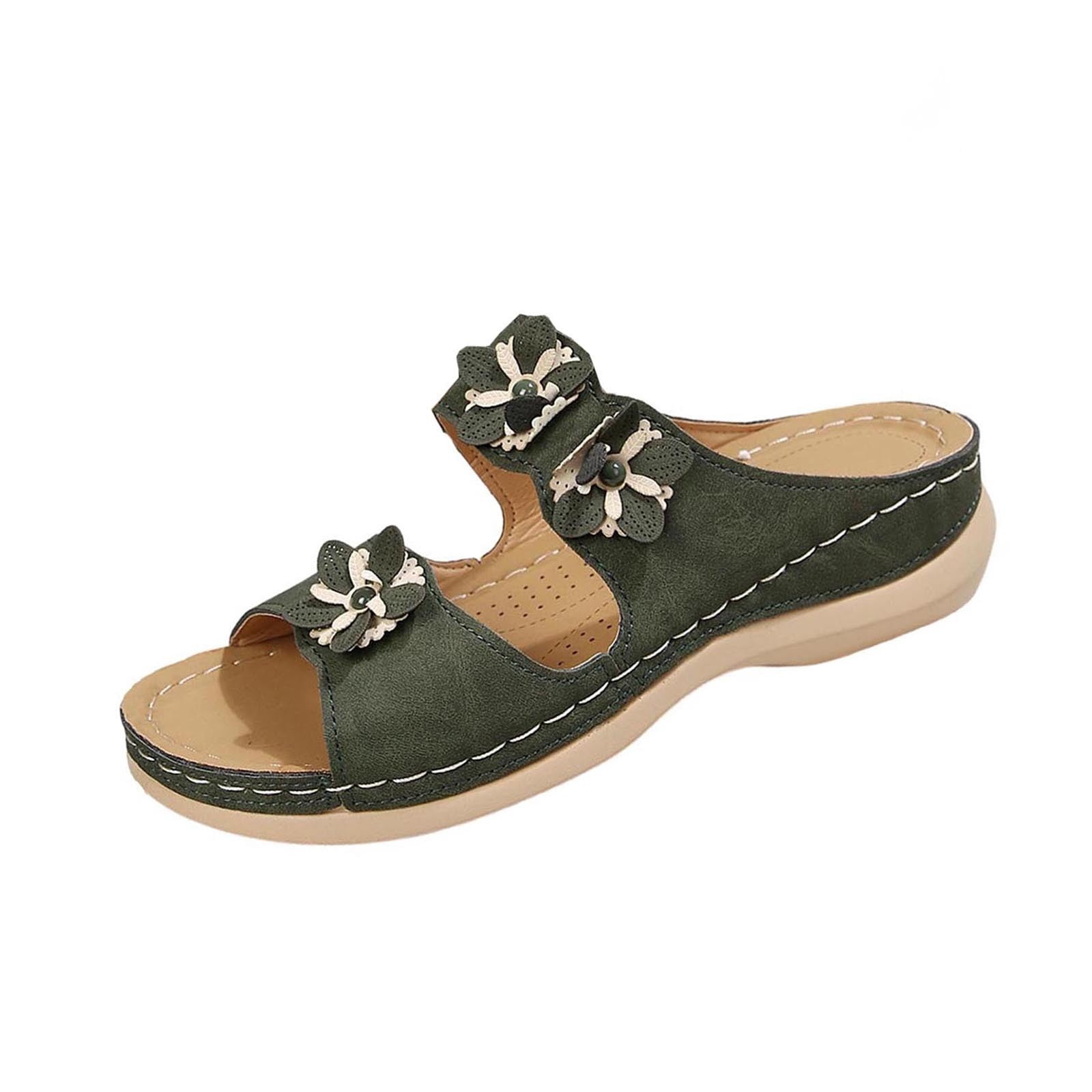 Army Green Women'S Summer Hollow Flower Beach Wedge Slides Casual ...