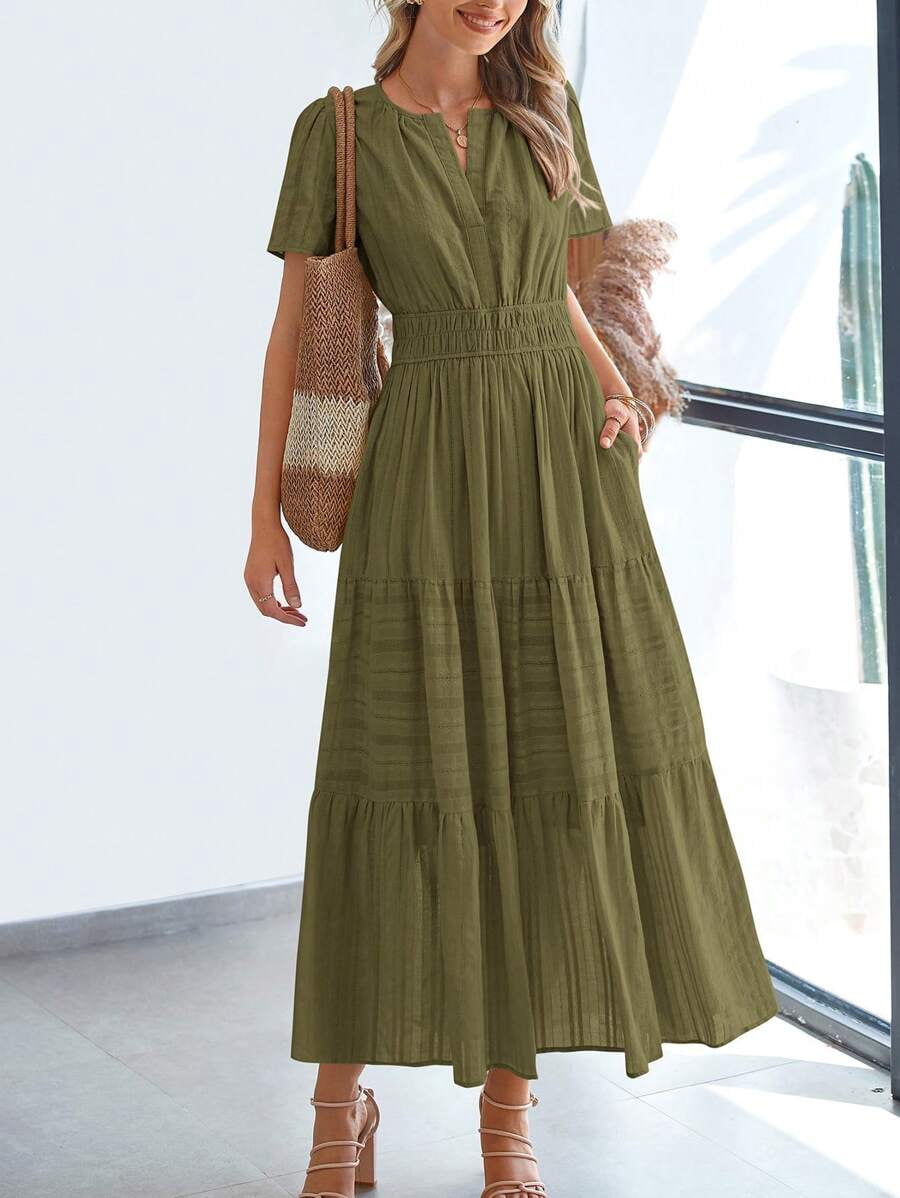 Army Green Women Short Sleeve Maxi Dress High Waist Tiered A-Line Boho ...