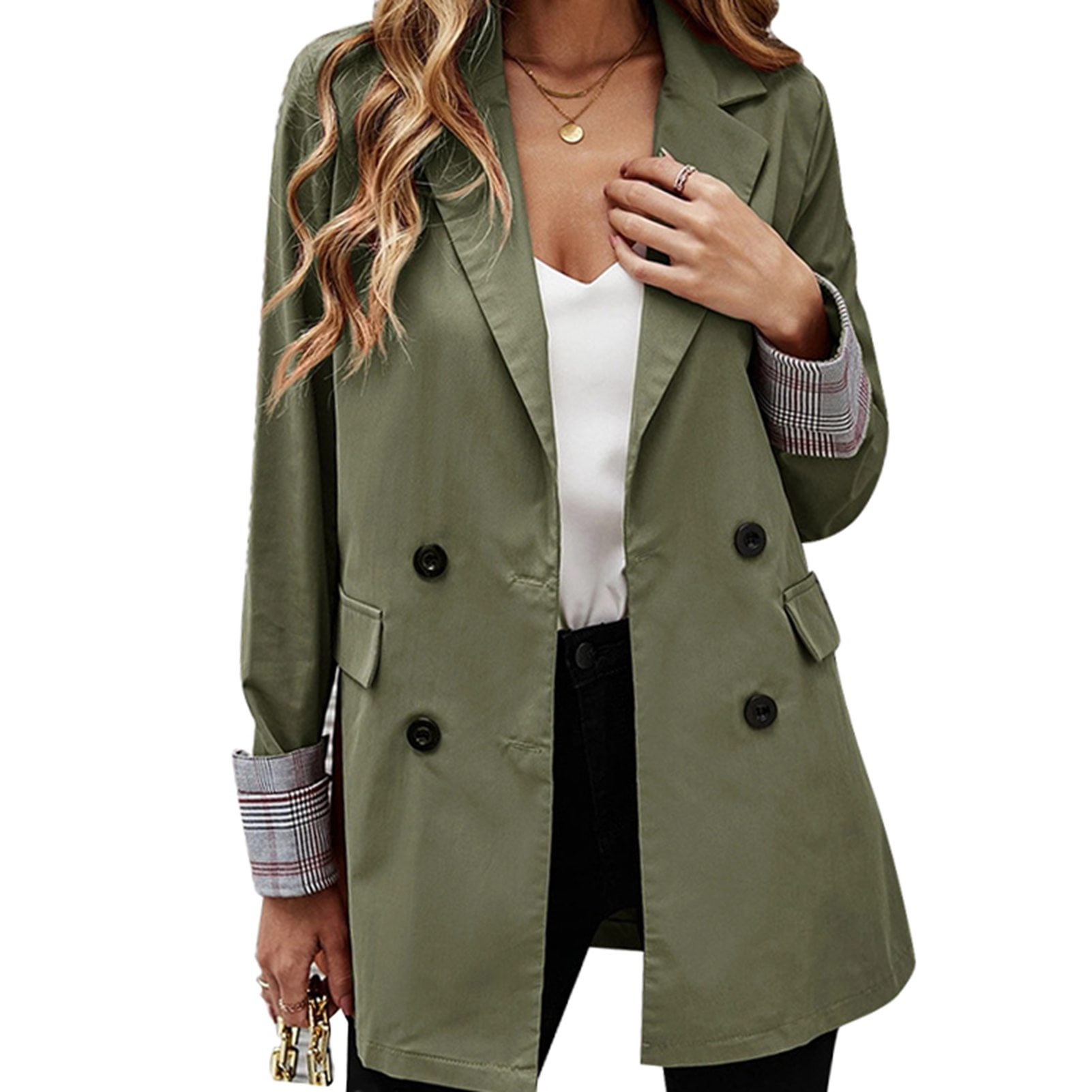 Army Green Women's Long Sleeve Plaid Pocket Jacket with Pure Color ...