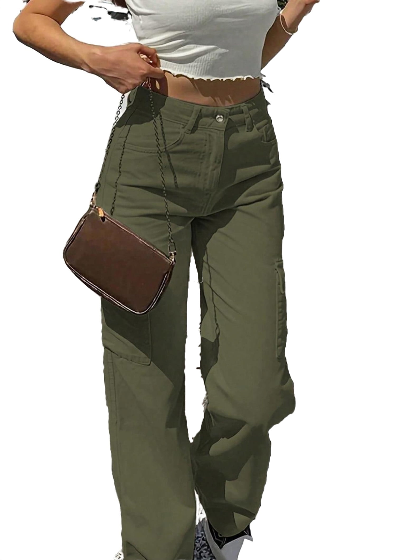 Army Green Women's Straight Leg Cargo Pants with Solid Color and Side ...