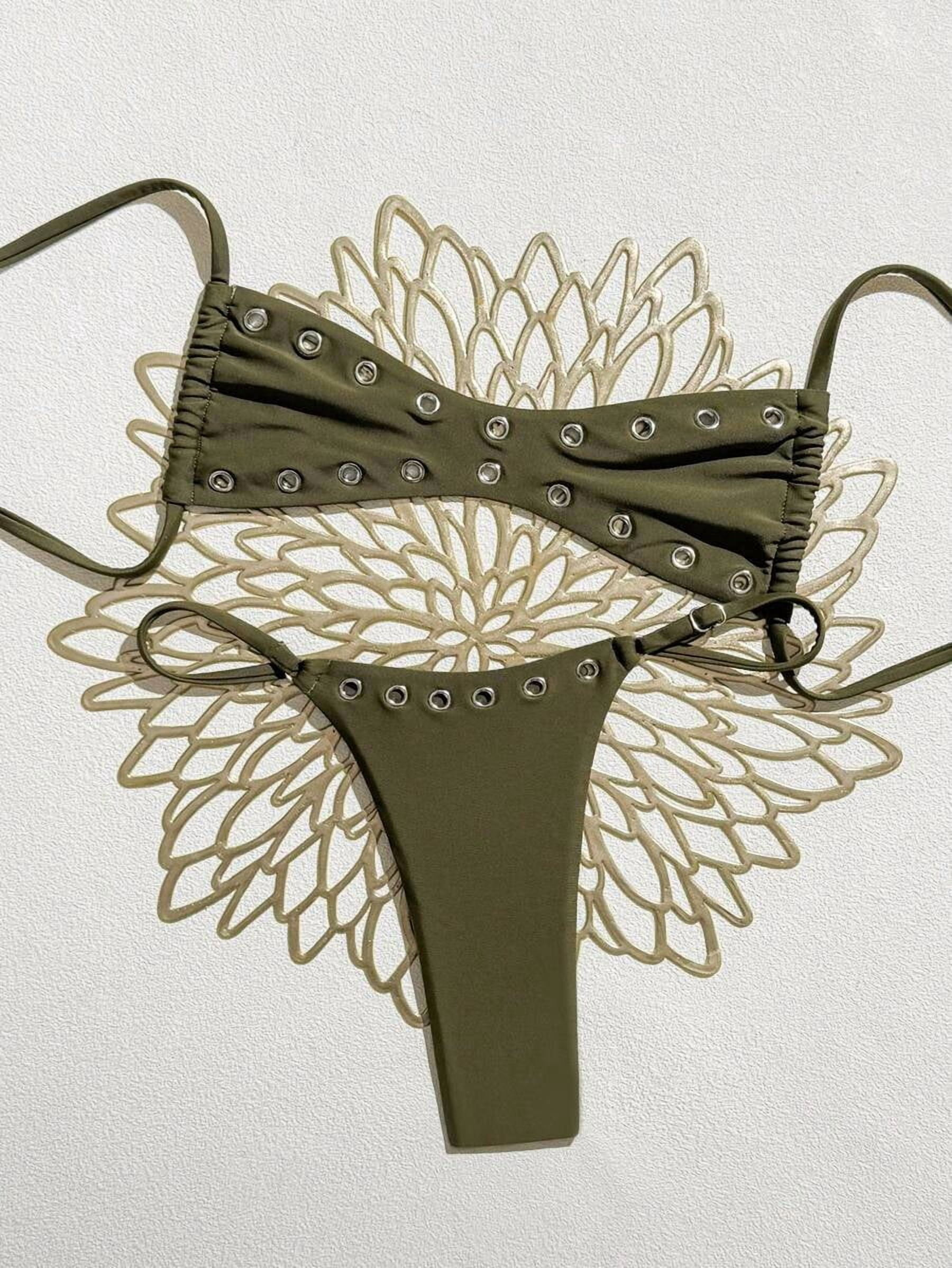 Army Green Womens Bandeau Bikini Set With Silver-Tone Eyelet Detailing ...