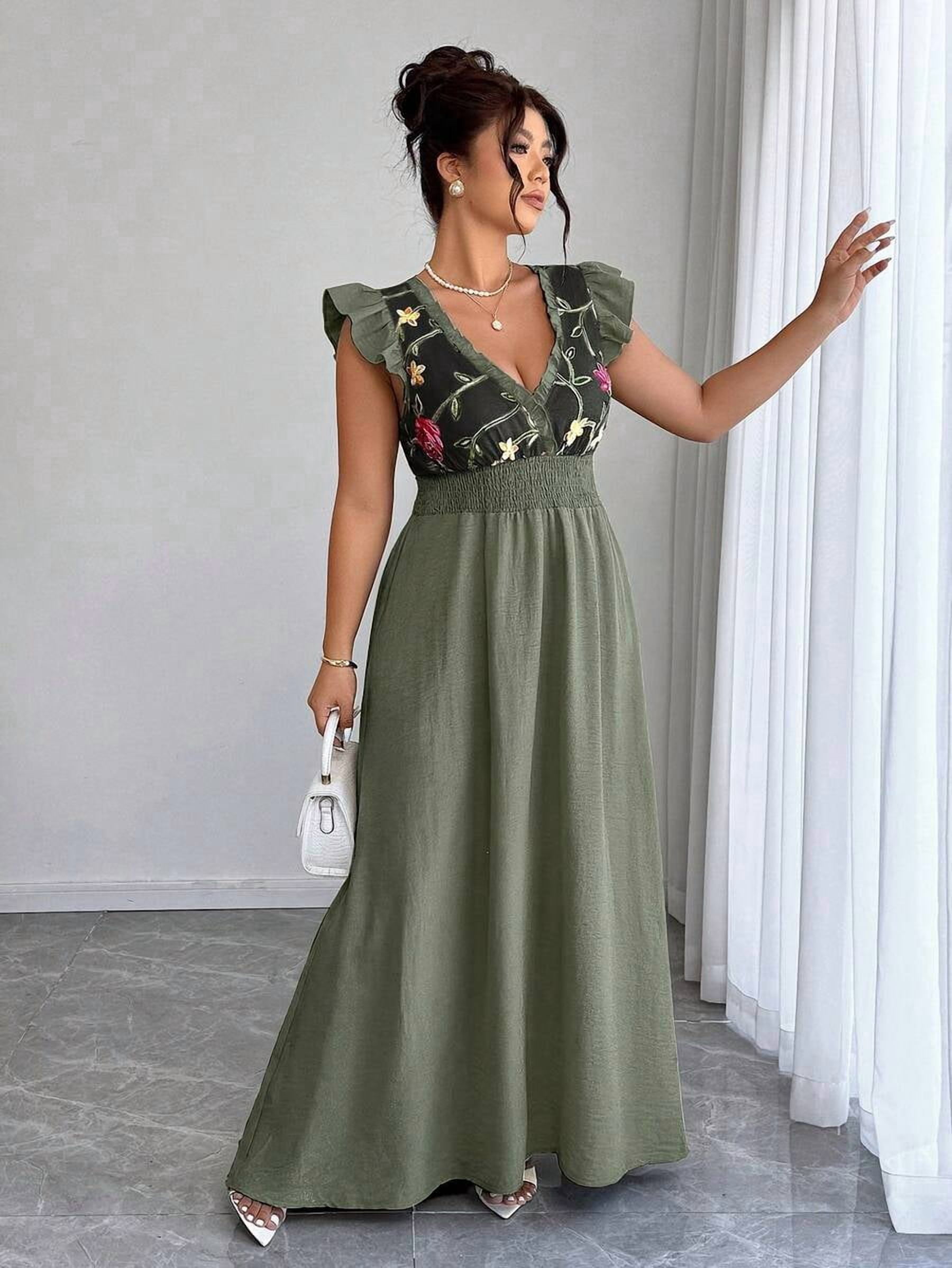 Army Green Womens Maxi Dress With Embroidered Floral V-Neck, Ruffled ...