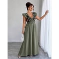 Army Green Womens Maxi Dress With Embroidered Floral V-Neck, Ruffled ...