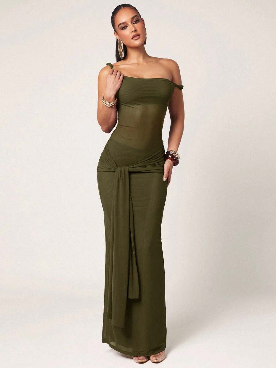 Army Green Womens Minimalist Asymmetrical Off-Shoulder Fitted Twist ...