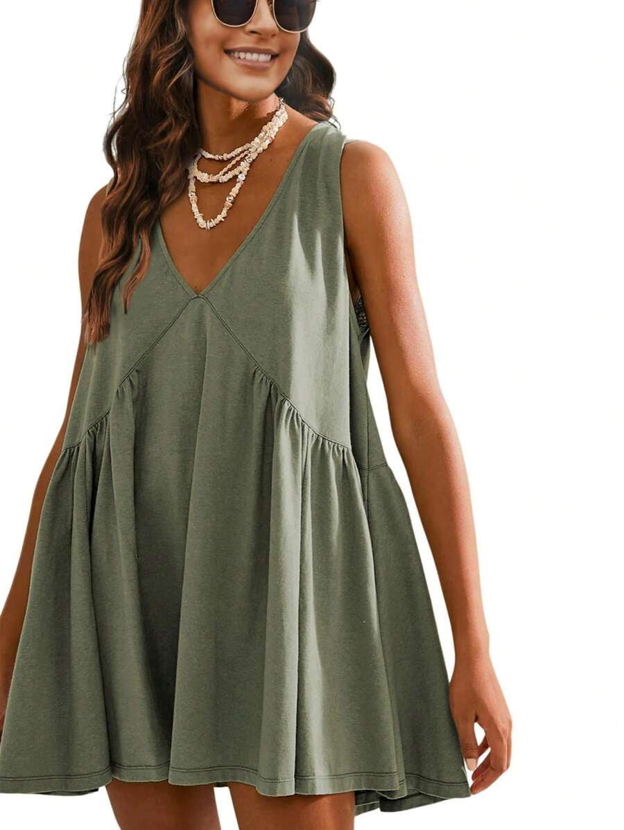 Army Green Womens Sleeveless Loose V-Neck A-Line Sundress With Pockets ...