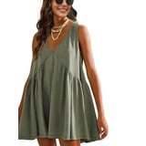 Army Green Womens Sleeveless Loose V-Neck A-Line Sundress With Pockets ...