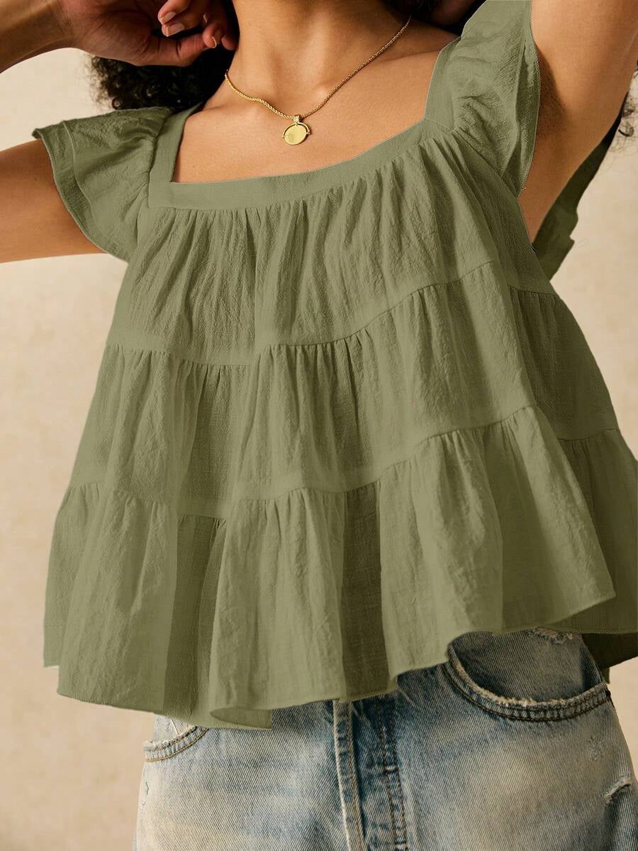 Army Green Womens Square Neck Cap Sleeve Tiered Ruffle Loose Blouse ...
