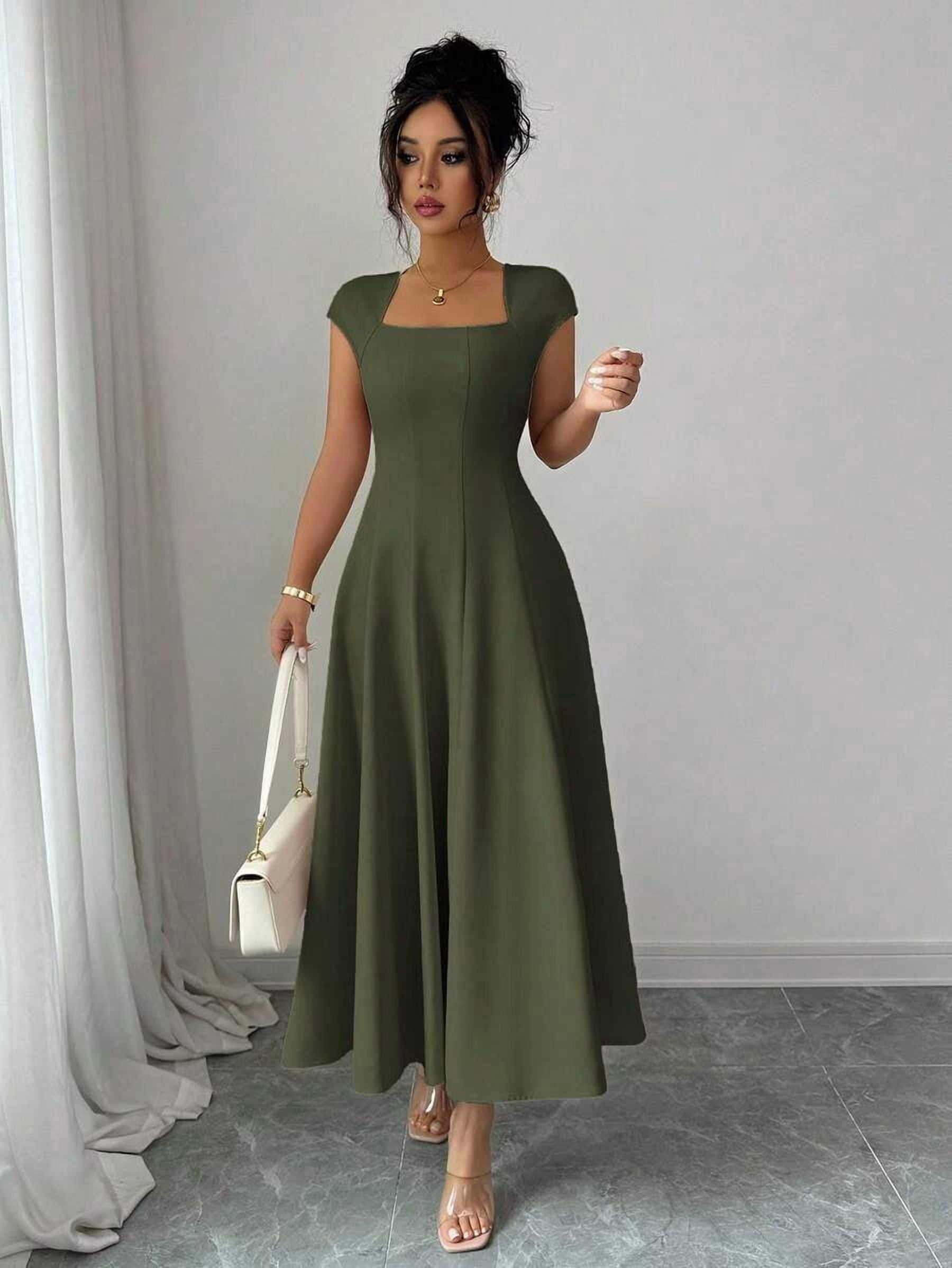 Army Green Womens Square Neck Cinched Waist A-Line Midi Dress For ...