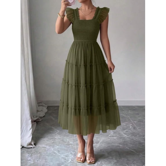 Army Green Womens Square Neck Ruffle Sleeve Tiered Tulle Midi Dress For ...