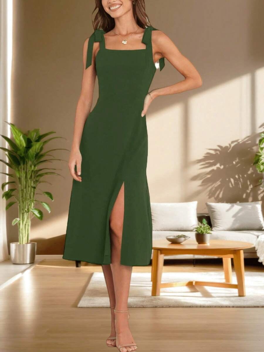 Army Green Womens Square Neck Tie-Shoulder Midi Dress With Side Slit ...