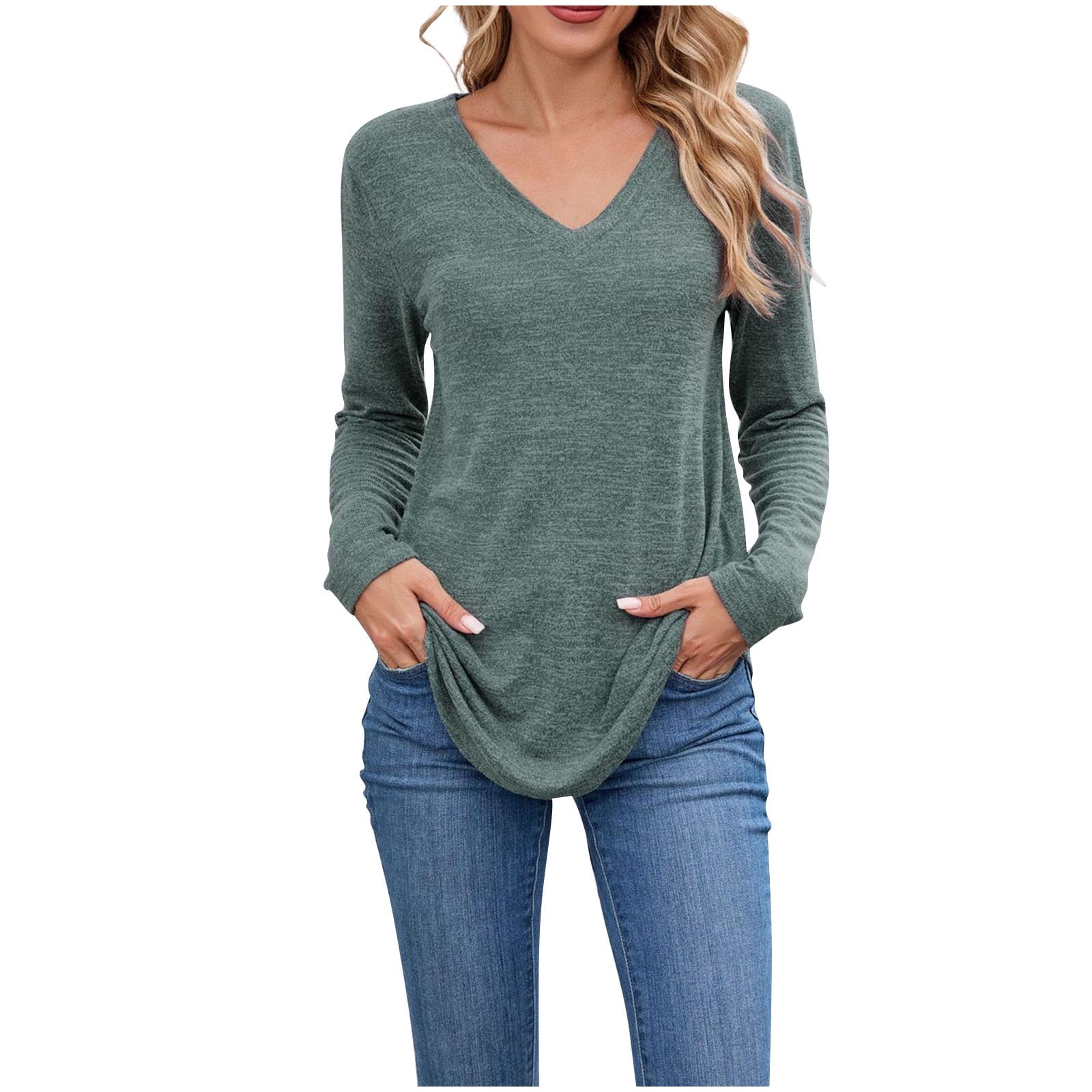 Army Lime Green Brunch Tops for Women Summer Fall Long Sleeve V Neck ...