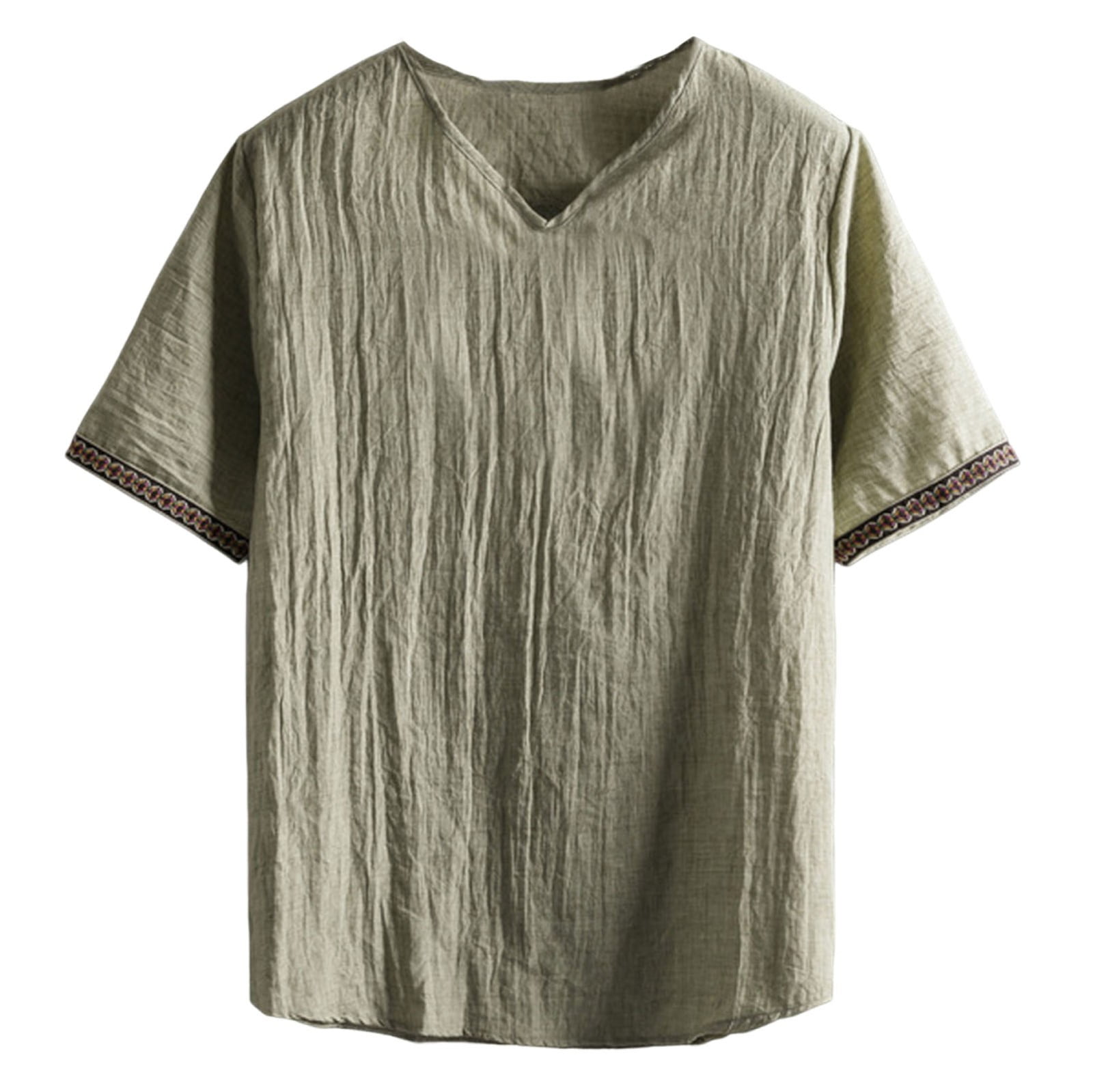 Army Lime Green Collared V Neck Faux Gauze Linen Tshirts for Mens ...