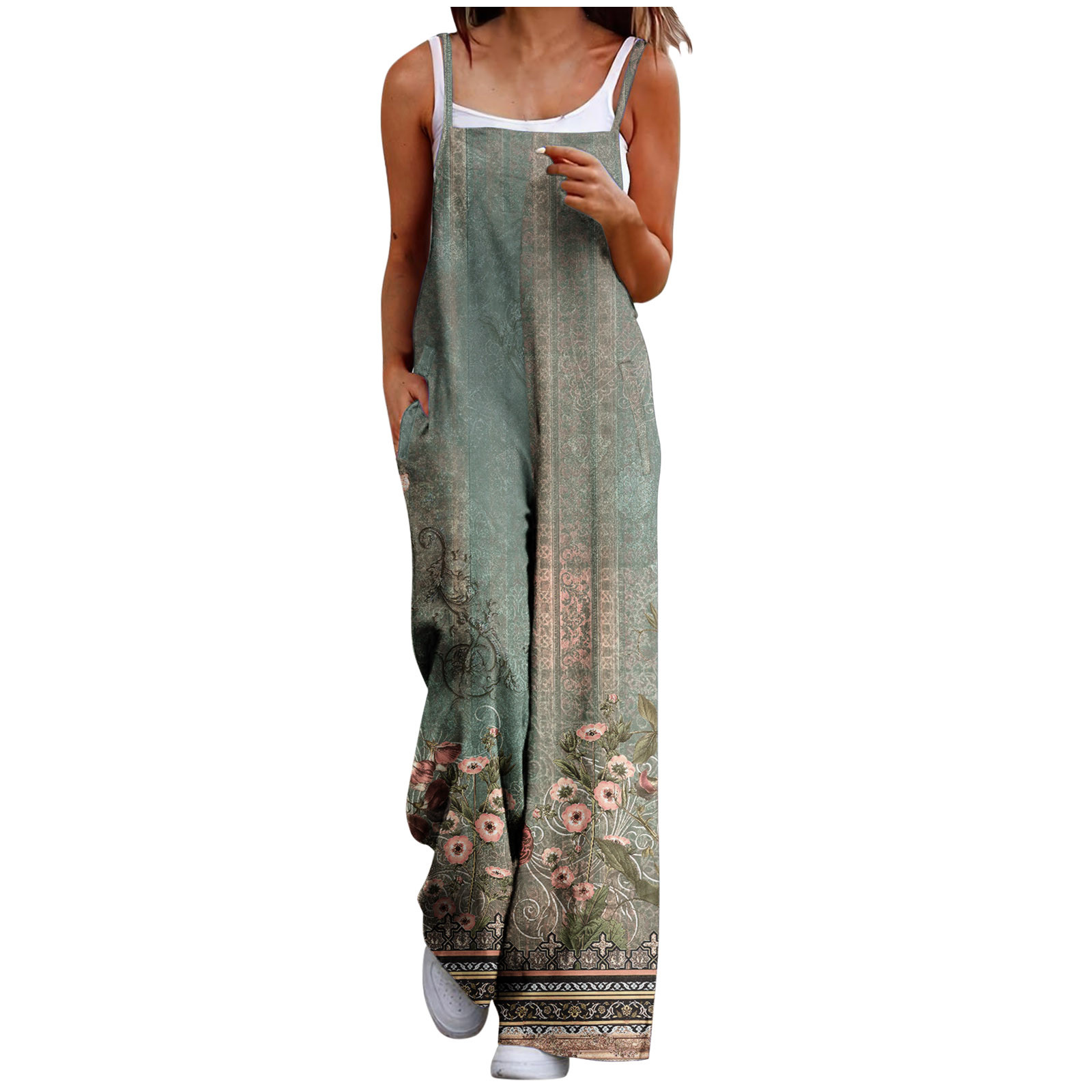 Army Lime Green Ladies Medieval Flare Wide Leg Coveralls Floral Graphic ...