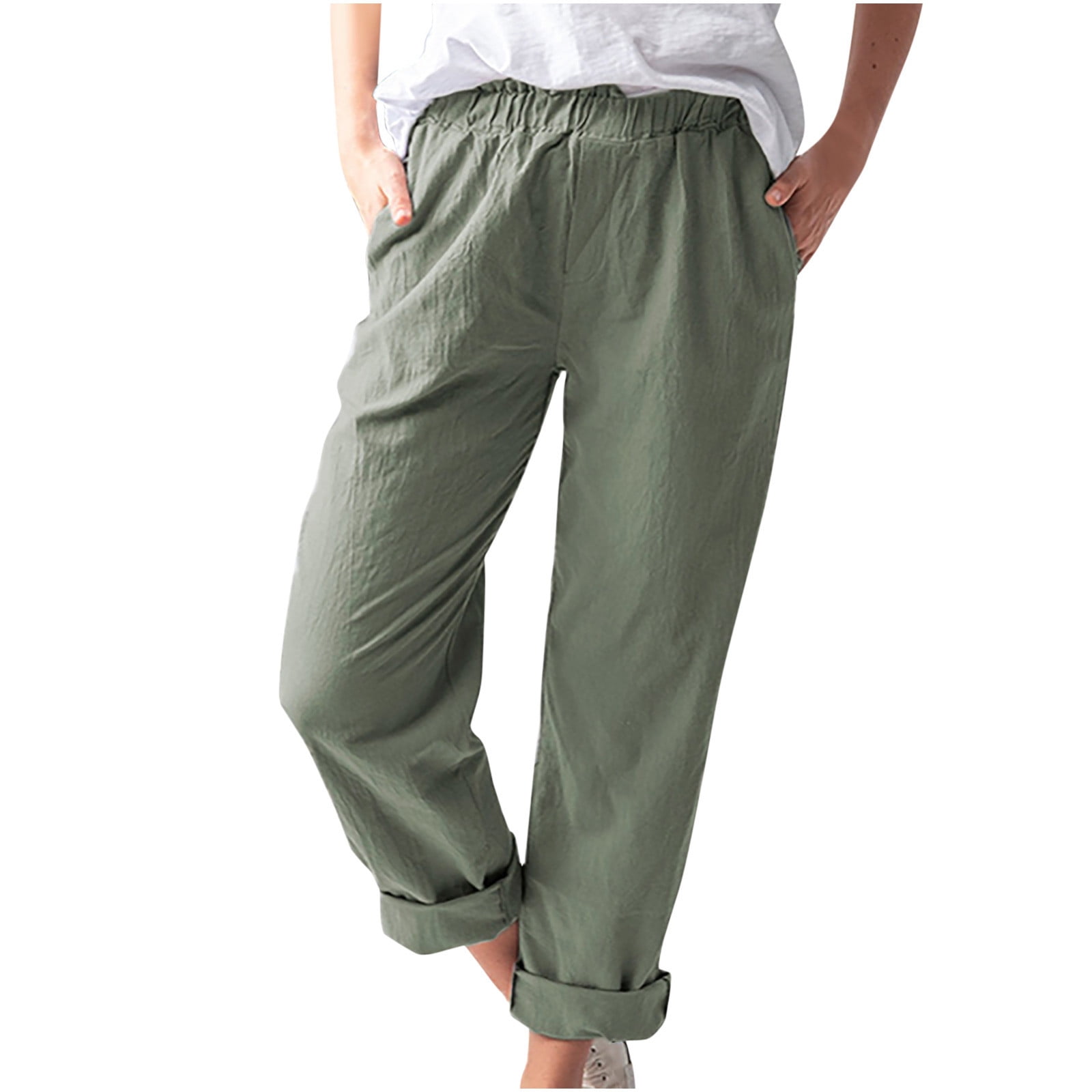Army Lime Green for Ladies Summer Fall Spandex Faux Linen Loose Fit ...