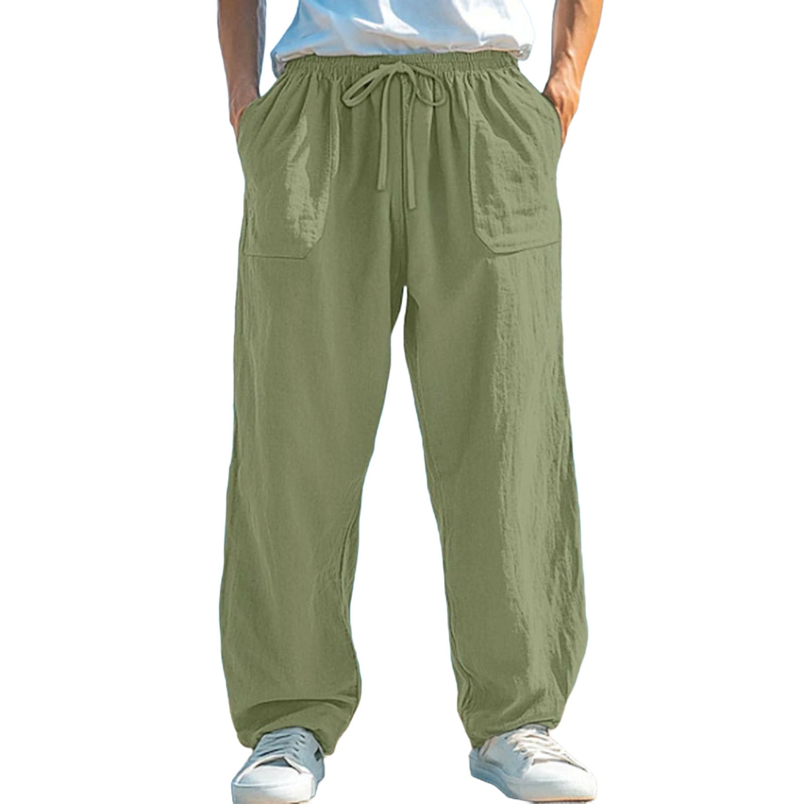 Army Lime Green Man Faux Gauze Linen Beach Lounge Button Pants for Mens ...