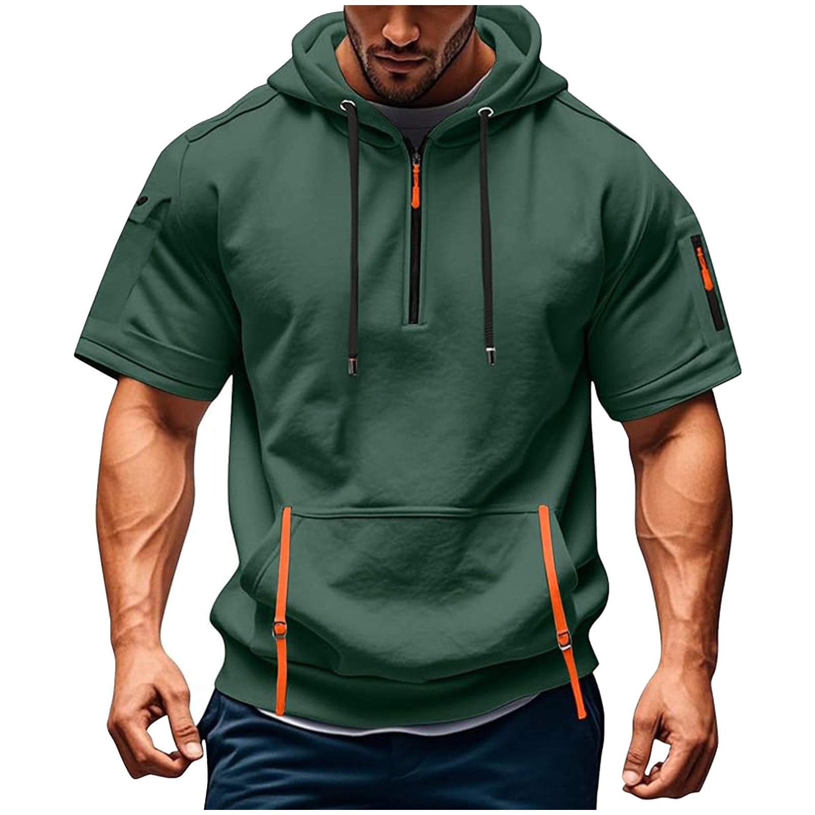 Army Lime Green Mens Casual Zip Up Short Sleeve Hoodies Outerwear for ...