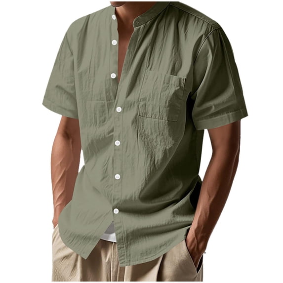 Army Lime Green Mens Crewneck Collared Neck Faux Gauze Linen Tops ...