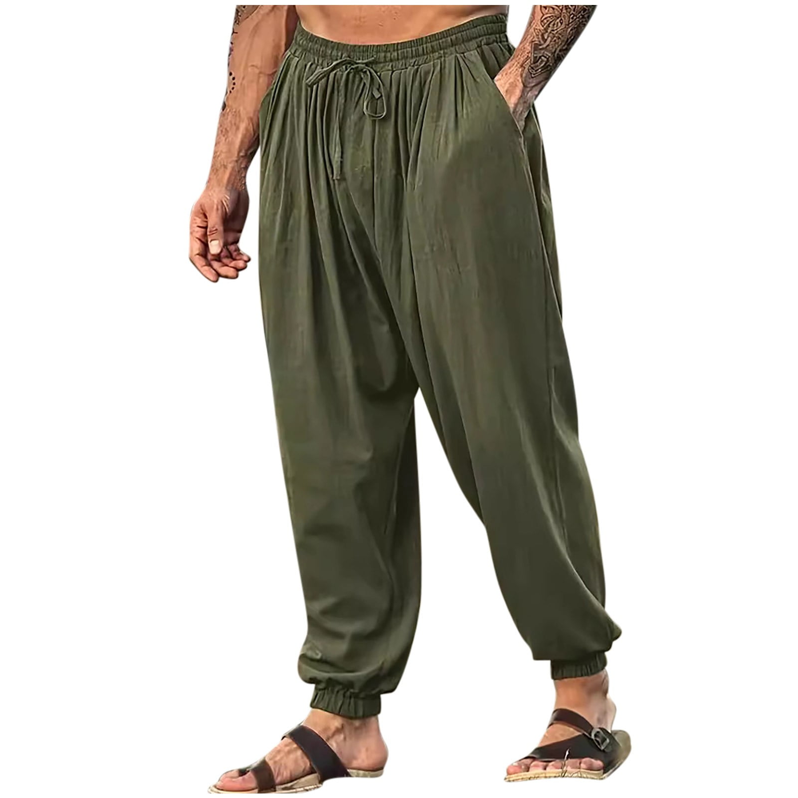 Army Lime Green Mens Loose Fit Faux Linen Pants for Man Lounge Harem ...