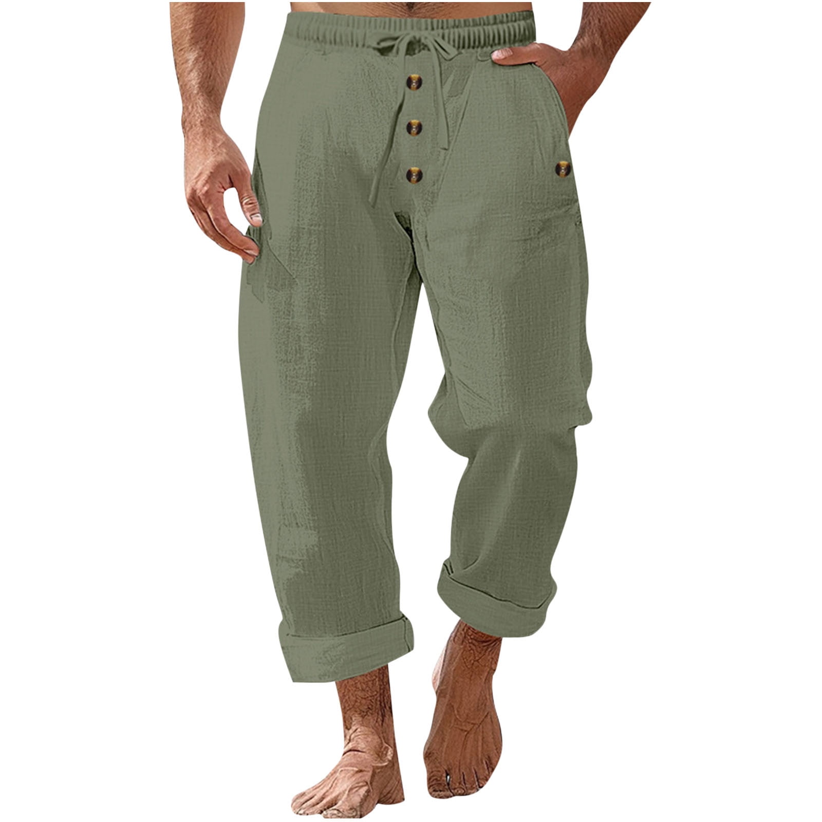 Army Lime Green Mens Loose Fit Pants Faux Linen Pants for Man Beach ...