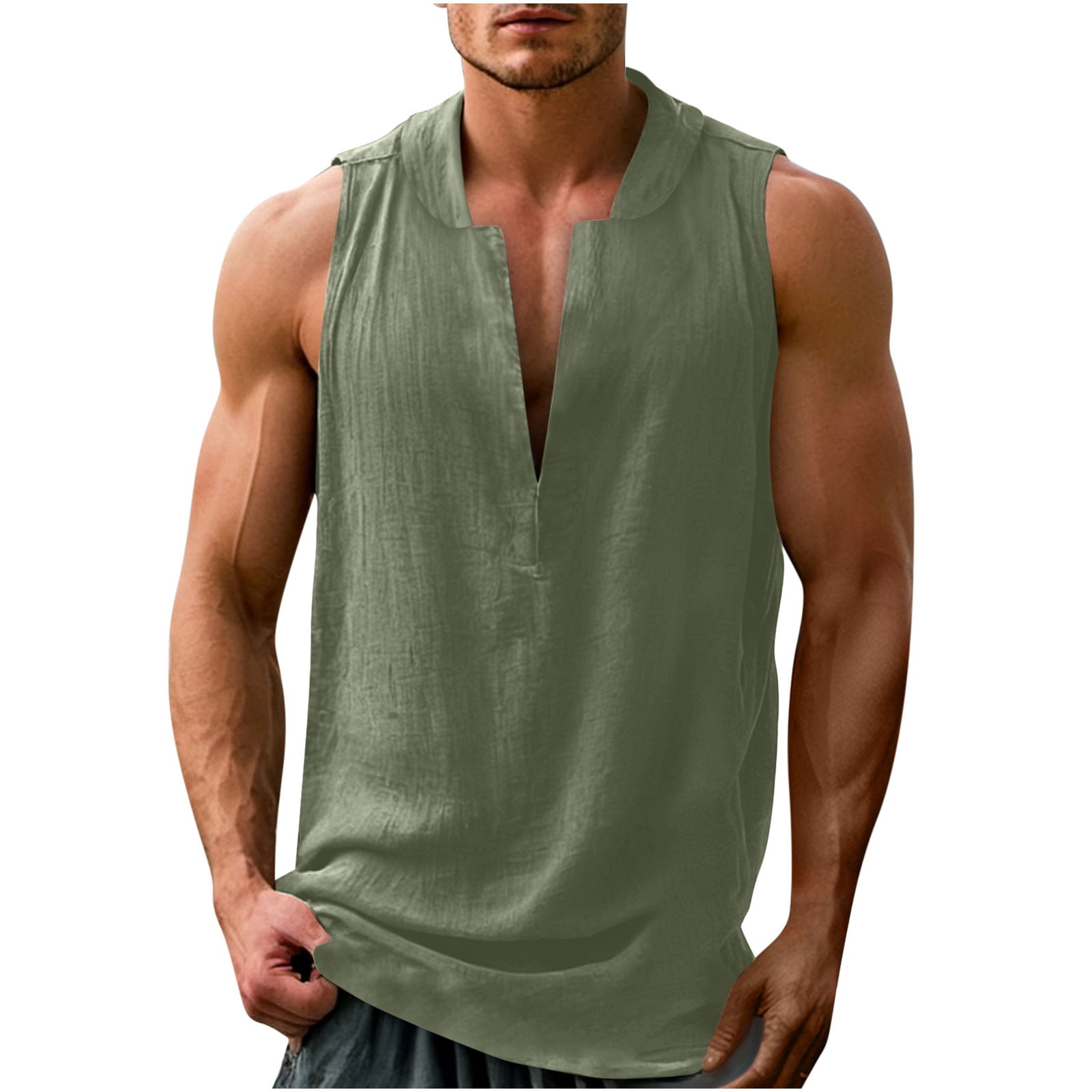 Army Lime Green Sleeveless Vests for Man Fall Summer V Neck Faux Gauze ...