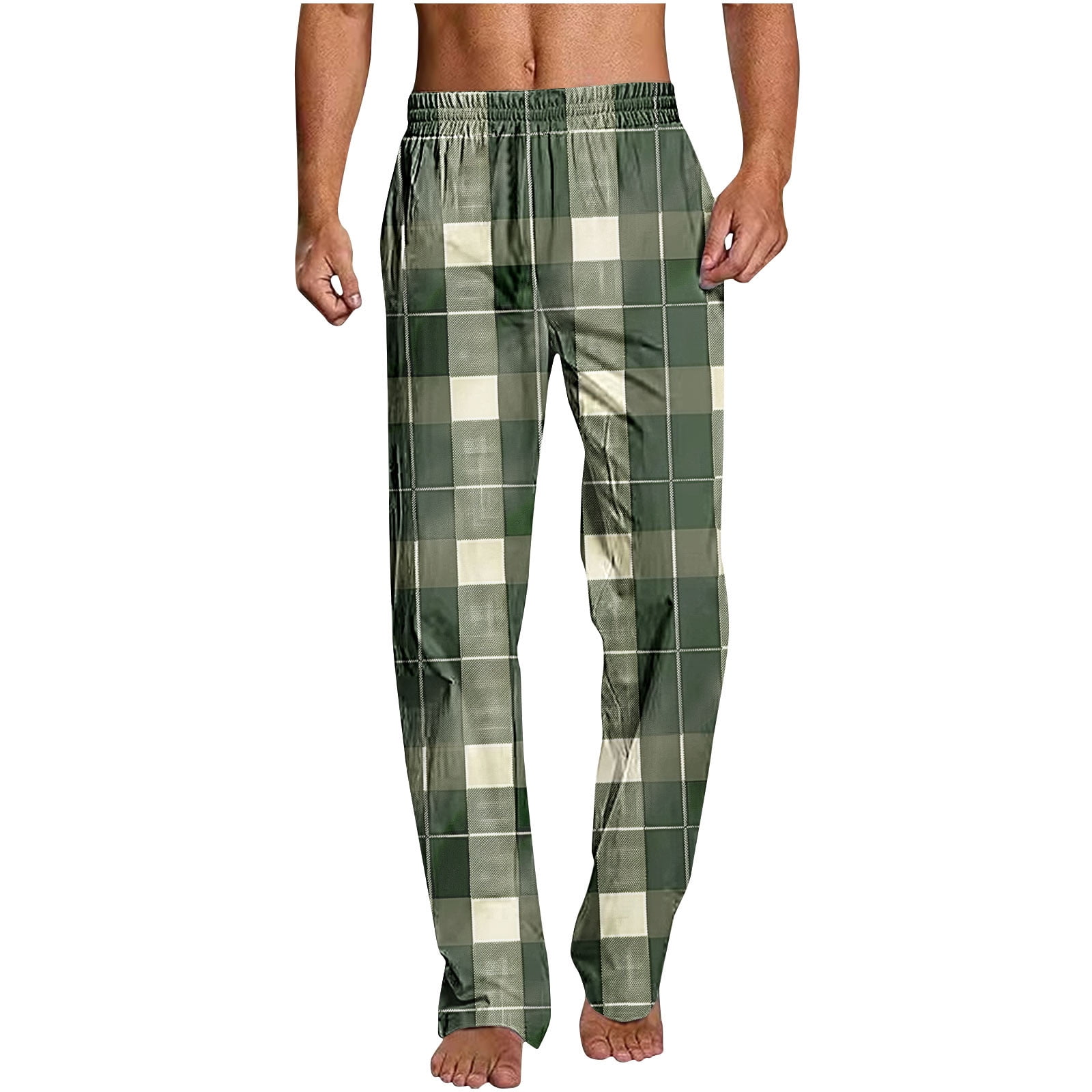 Army Lime Green Thin Plaid Straight Leg Long Leg Casual Pajamas for Man ...