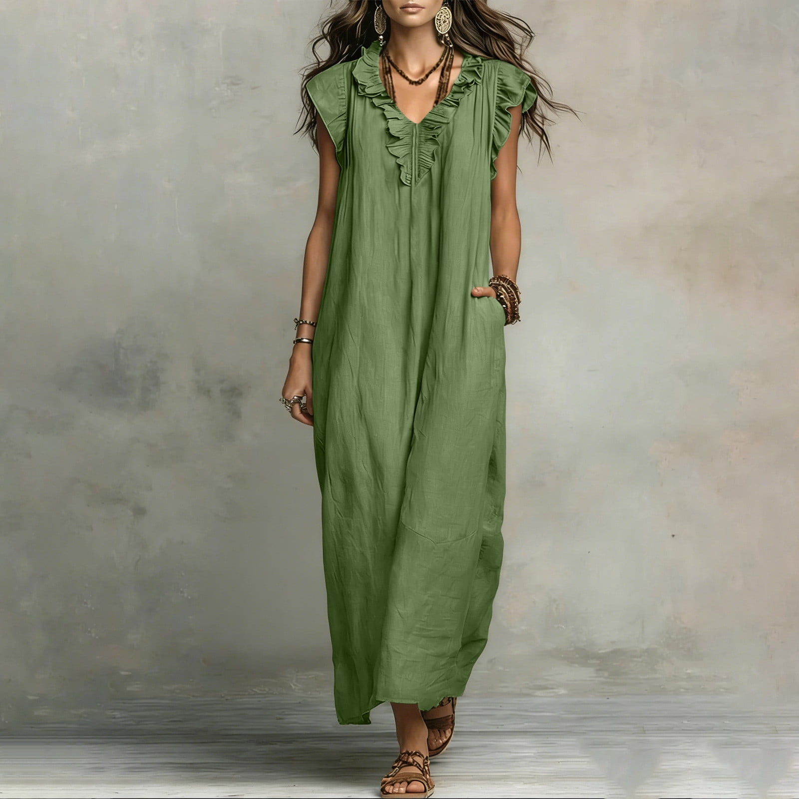 Army Lime Green Women Crew Neck Lounge Dress for Women Cap Sleeve Plain ...